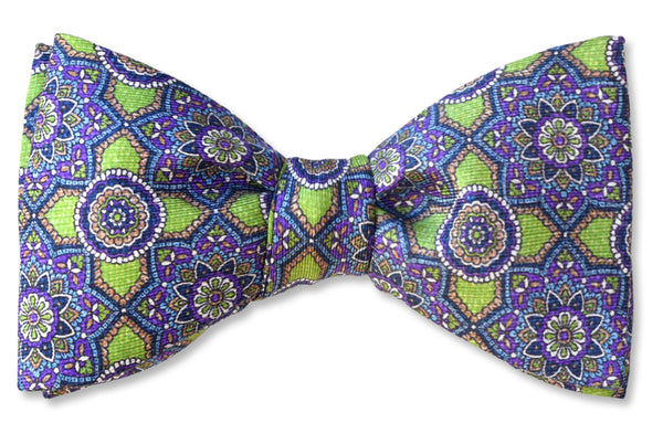 Green Blue Spanish Tile Design Bow Tie In Italian Silk Twill