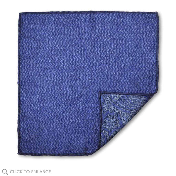 Blue paisley and herringbone wool pocket square
